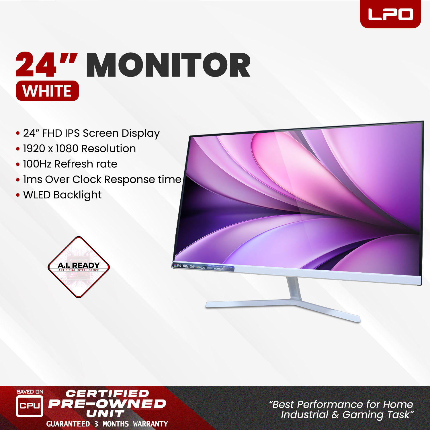 LPO NVision Monitor 24" FHD IPS Screen Display 100Hz 1ms WLED Backlight ...