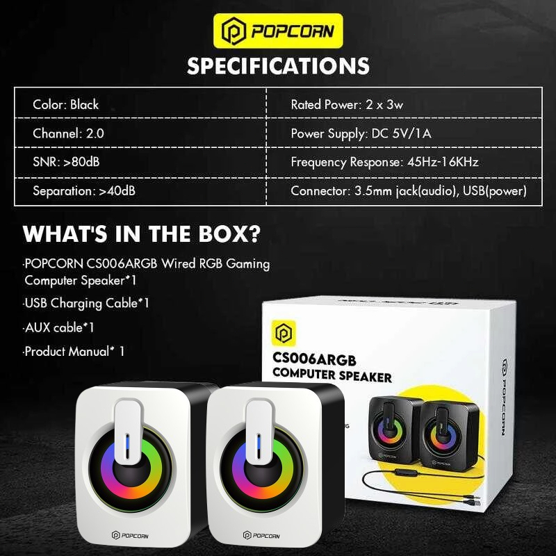 Popcorn CS006 Speaker USB Colorful Lighting Effect RGB Gaming Subwoofer ...