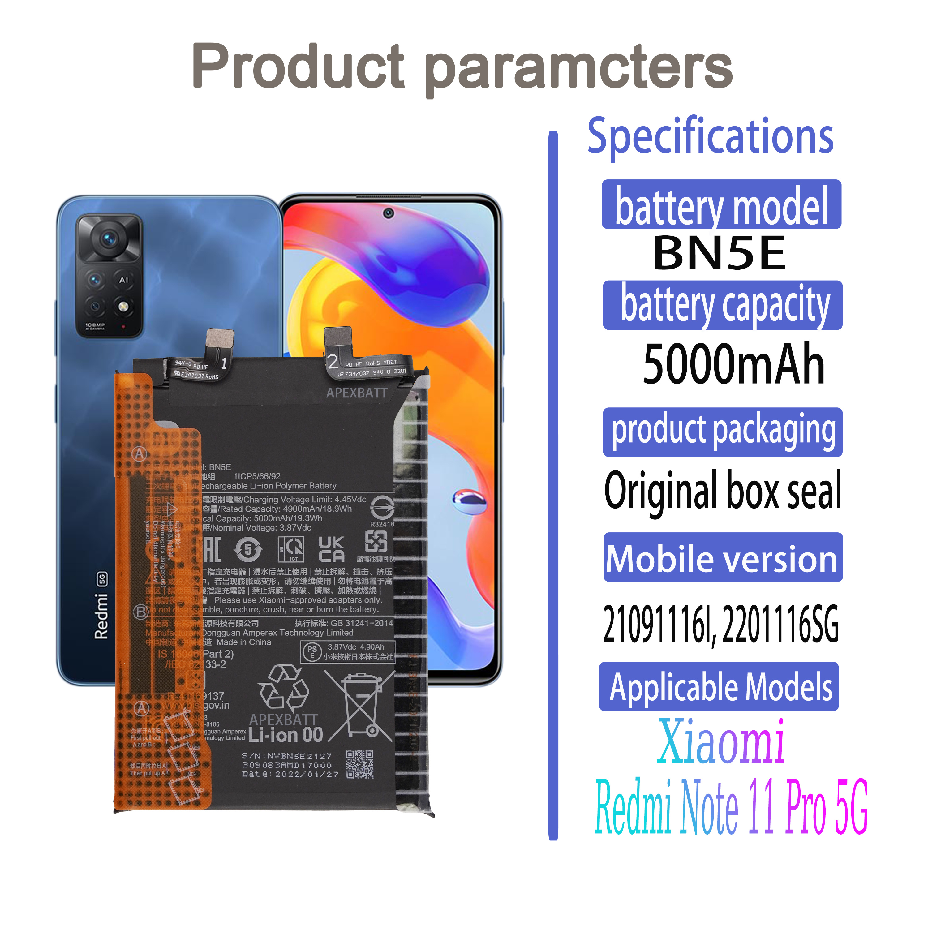 APEXBATT New BN5E Battery for Xiaomi Redmi Note 11 Pro 5G 21091116I ...