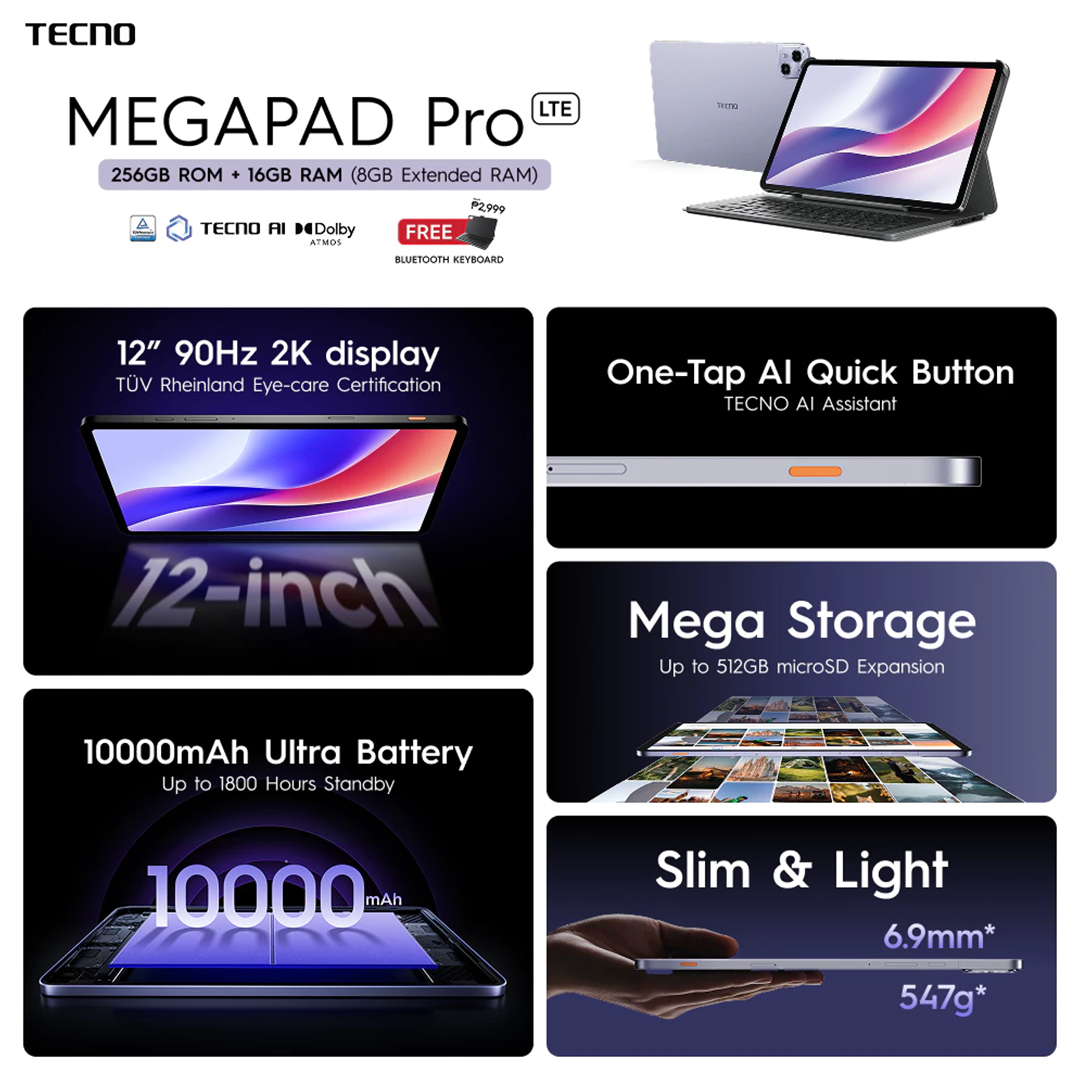 TECNO MEGAPAD Pro (8GB+256GB) Tablet | Helio G100 6nm | 12" 2K 90Hz IPS ...