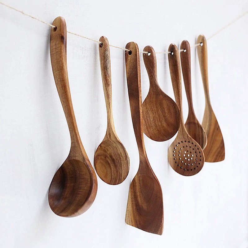 Wooden Utensils Set of 6 Large Cooking Utensil Non Stick Cookware ...
