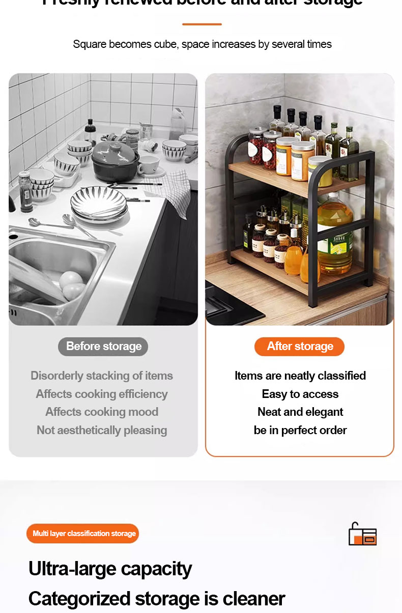 Kitchen Condiments Organizer Rack 2/3 Layer Carbon Steel+Wood Shelf for ...