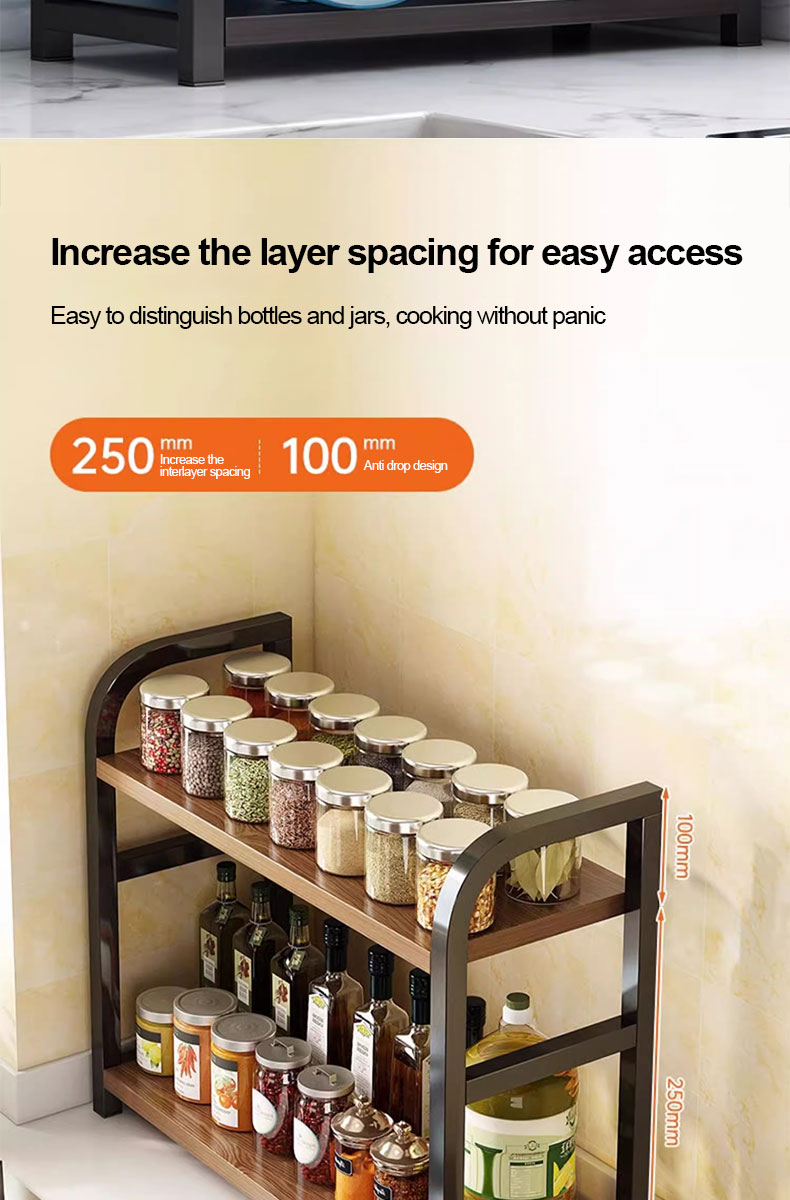 Kitchen Condiments Organizer Rack 2/3 Layer Carbon Steel+Wood Shelf for ...
