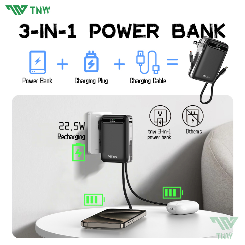 TNW T177 10000mAh Powerbank Fast Charging Built-in Cable AC Plug ...