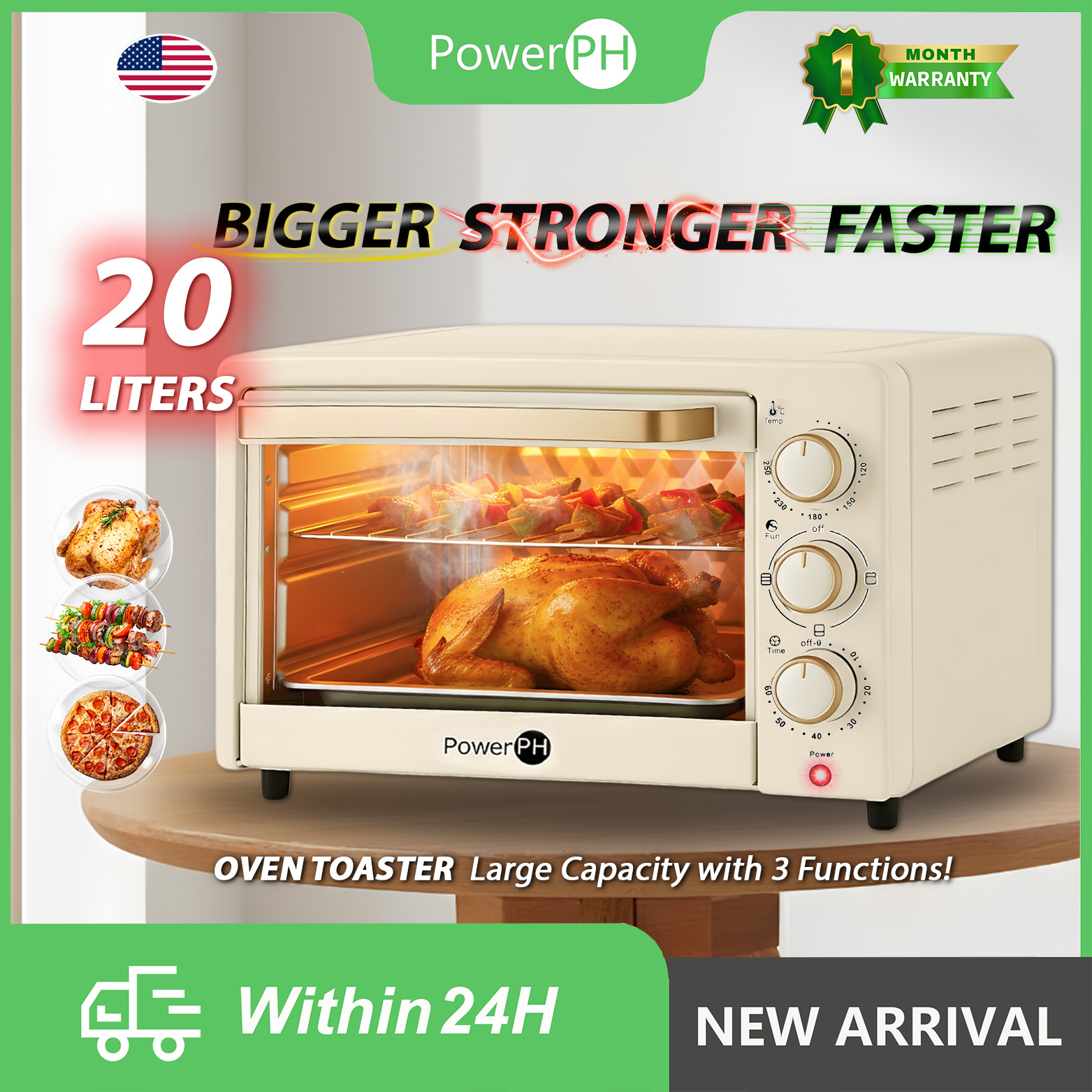 POWER PH 20L Electric Oven Toaster White Mini Oven Triple Knobs Upper ...