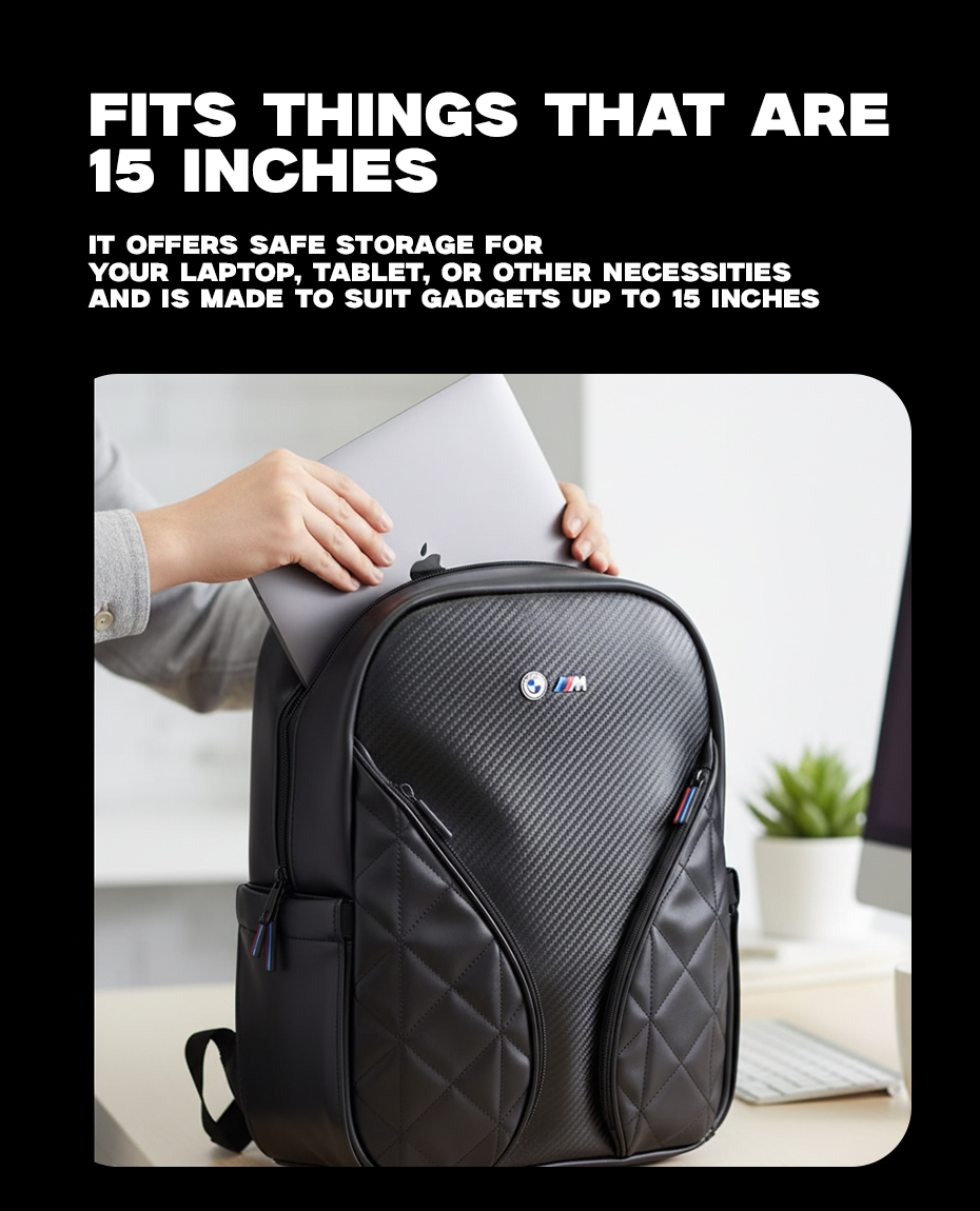 BMW M Badge Backpack 15″ Premium PU Leather Carbon Black Rugged ...