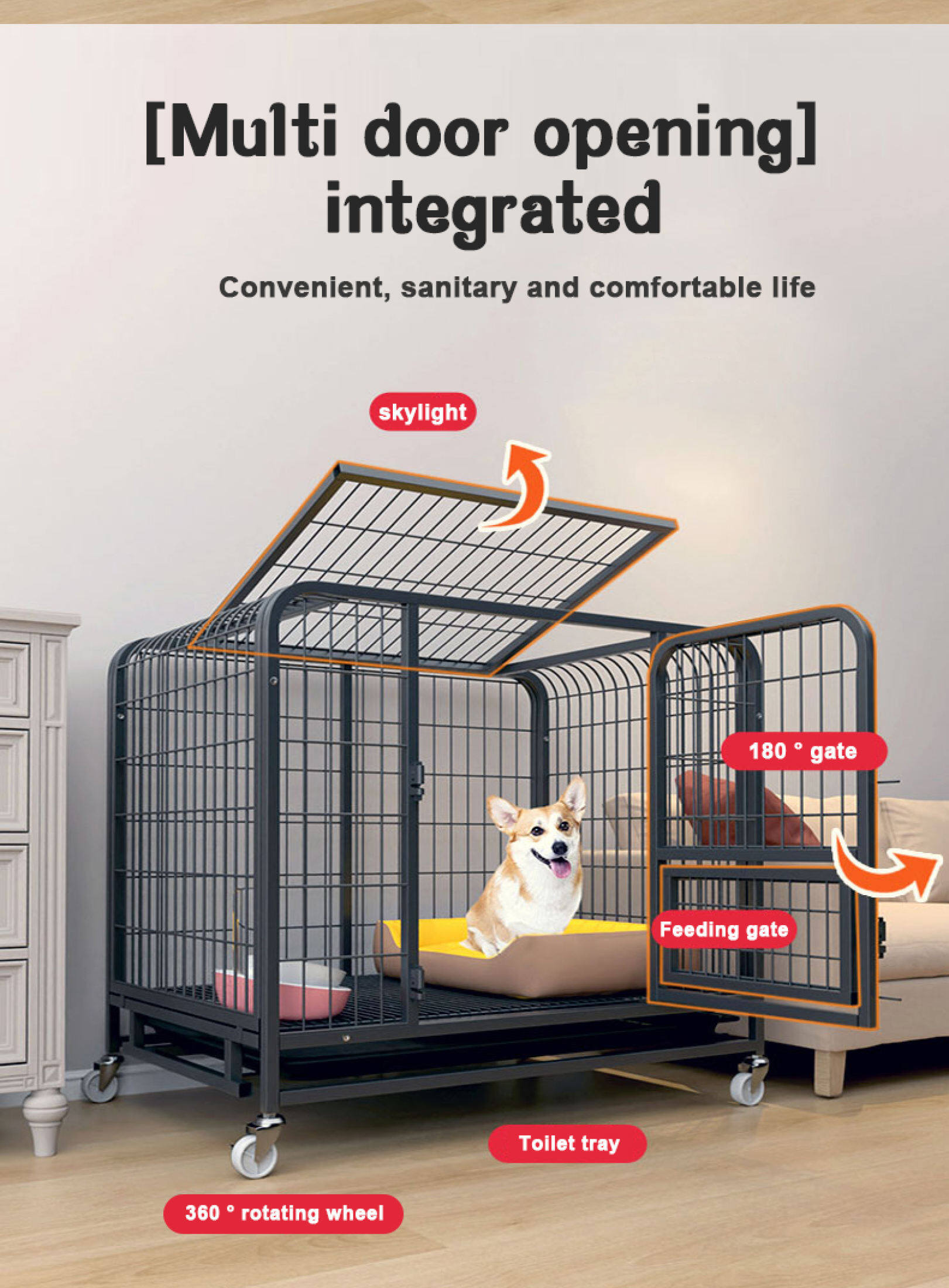 Dog Cage Heavy Duty with Tray Metal Pet Crate with Wheels for Easy Move ...