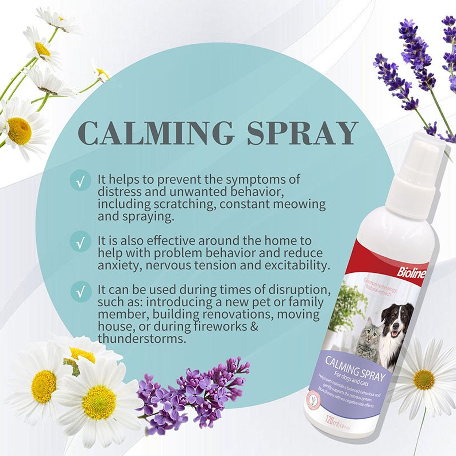 Bioline Calming Spray Pet Irritated Stress Separation Anxiety/Emotional ...