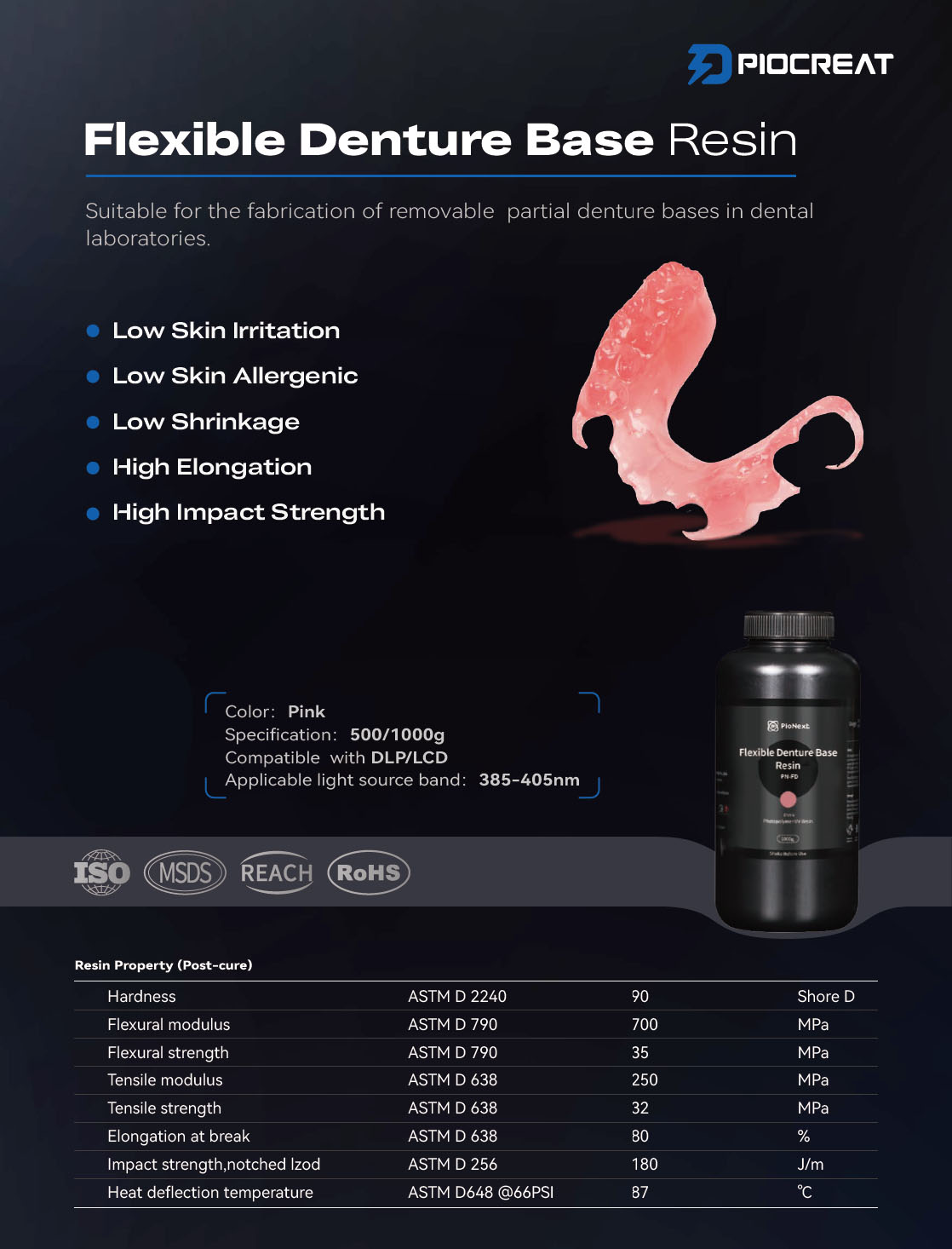 PioNext 500g Flexible Denture Base 3D printer resin biocompatible for ...