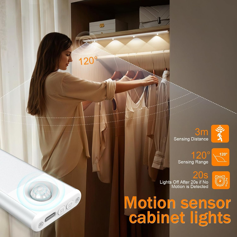 20/40/60CM 3-Color Motion Sensor Led Light Strip Rechargeabe Night ...