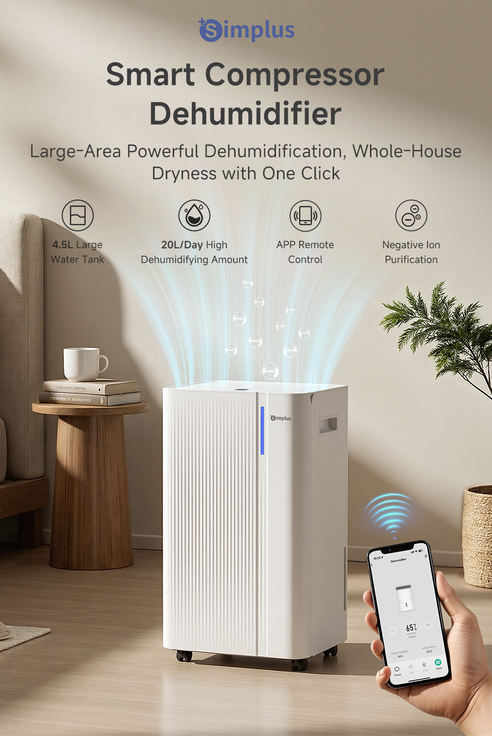SimplusPink Dehumidifier 20L/Day,4.5L Large Water Tank,APP Control ...