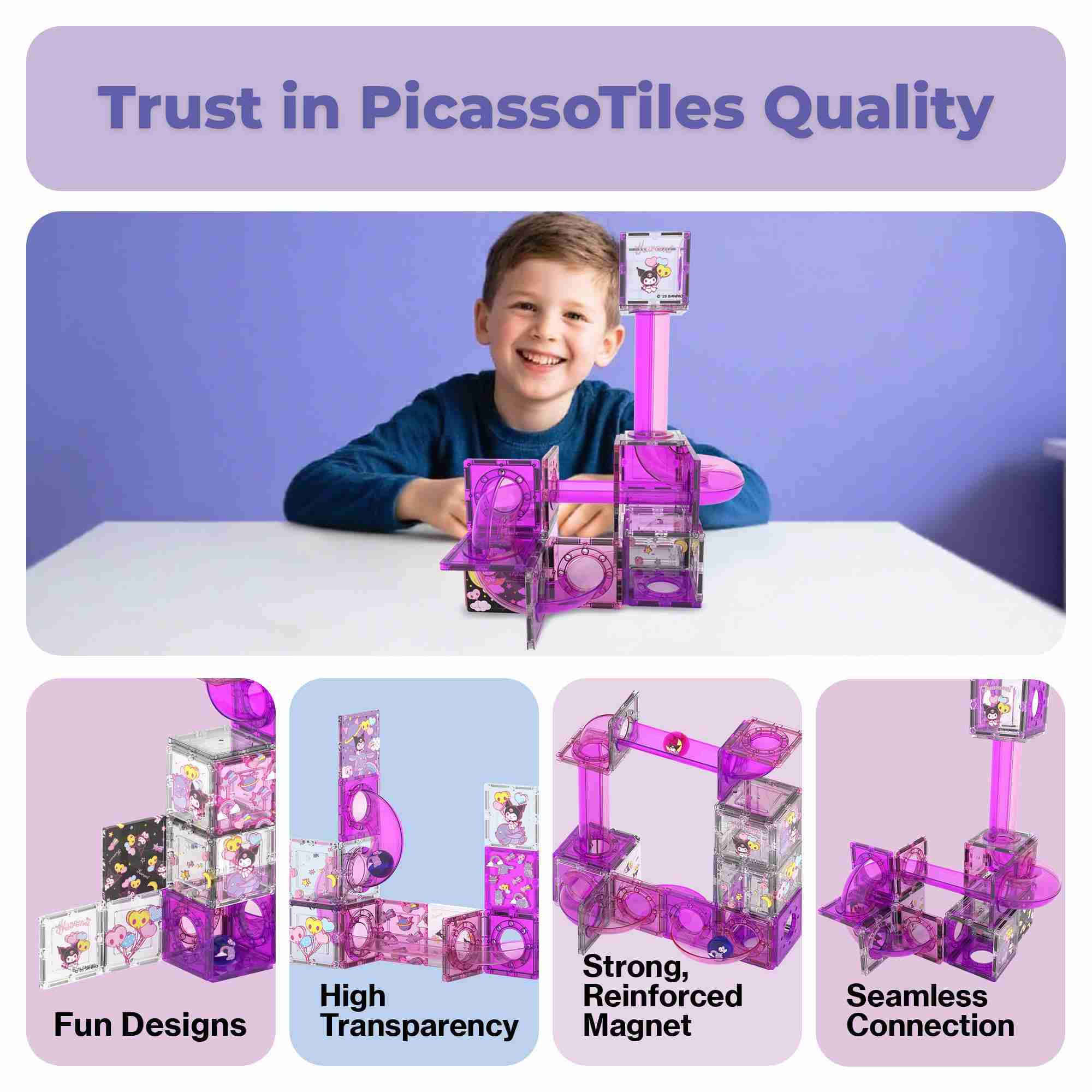 Kuromi Picasso Tiles Marble Run 46 pieces Magnetic Tiles for Kids Ages ...