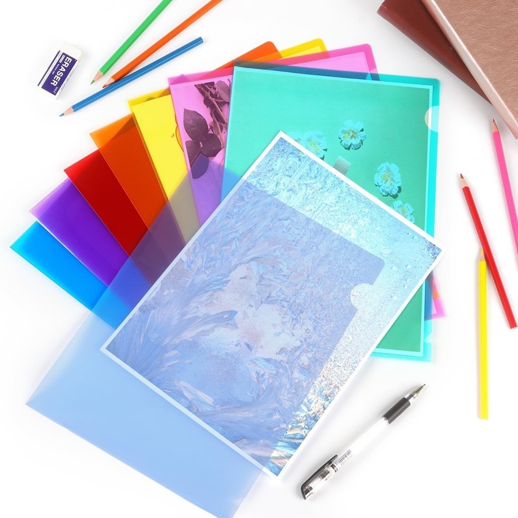 Long L-Type File Folders 12Pcs Clear Colored Pocket Plastic Documents ...