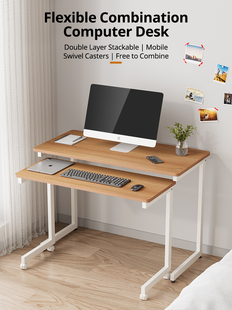 Mobile Double-Layer Desk Home Extended Bedside Table Double-Layer Table ...