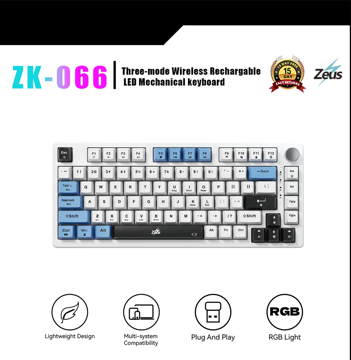Zeus ZK066 81-Key Mechanical Keyboard Tri-Mode Wireless 2.4G Bluetooth ...