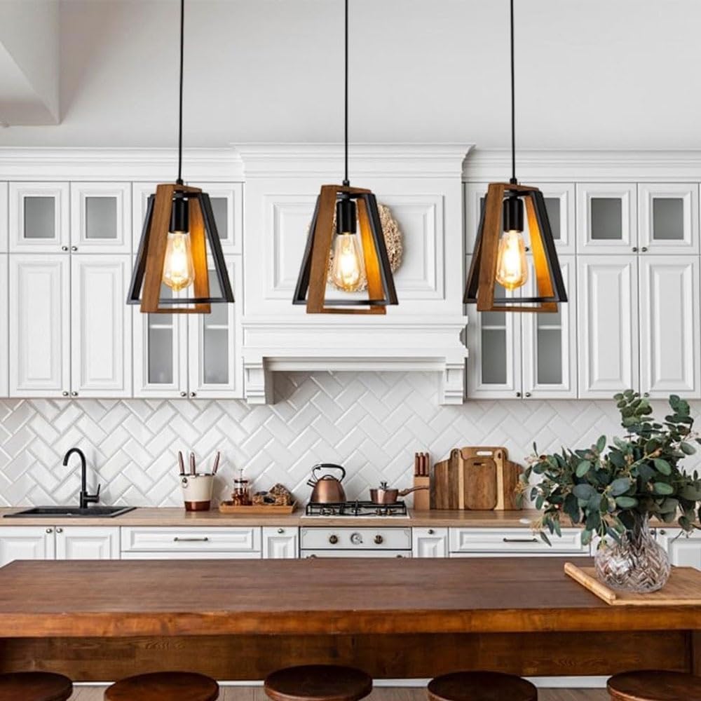 Pendant Light Industrial Retro Metal Hanging Light Wood & Metal Drop ...