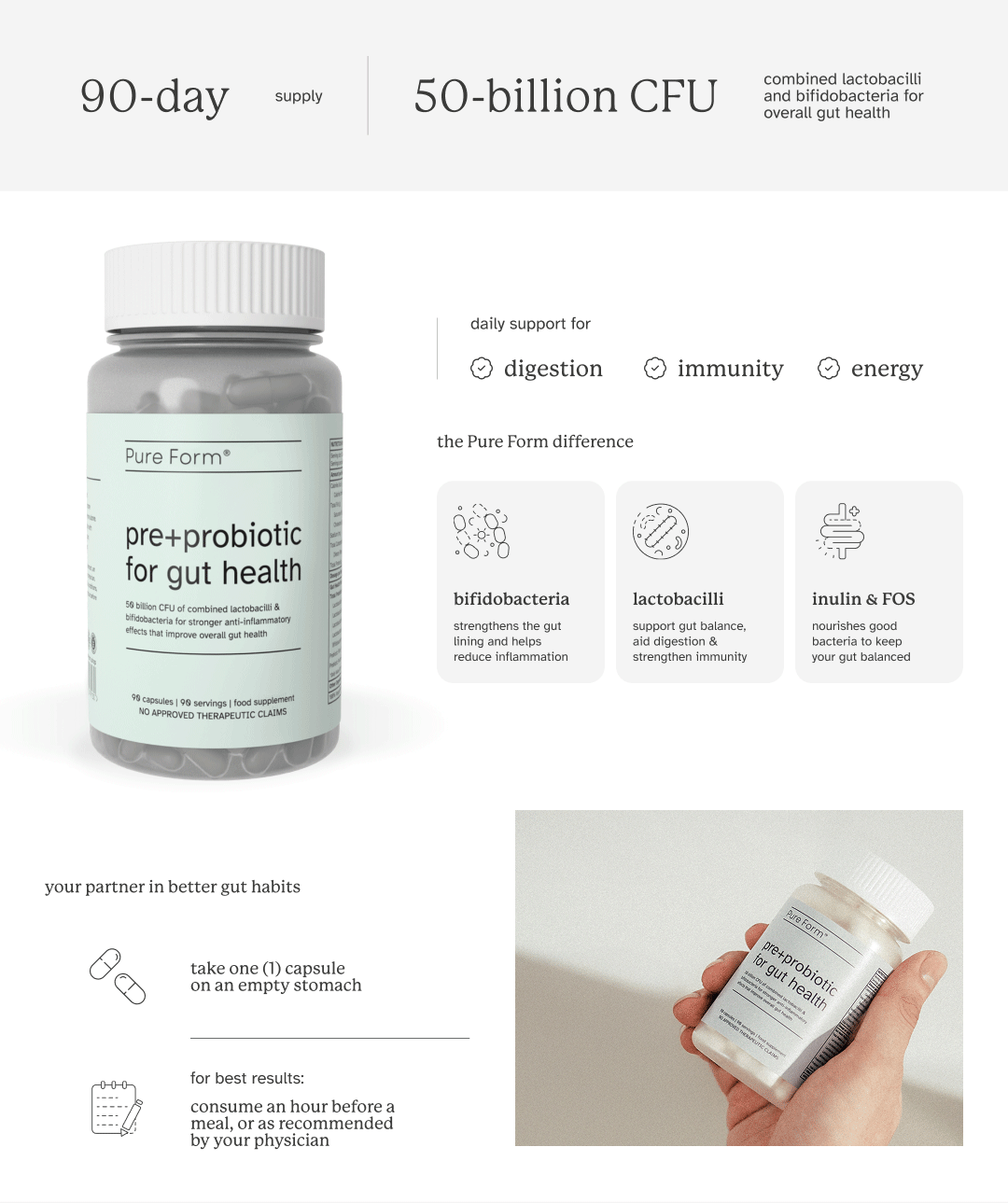 Pure Form® Pre + Probiotics for Gut Health | 50B CFU of Combined ...
