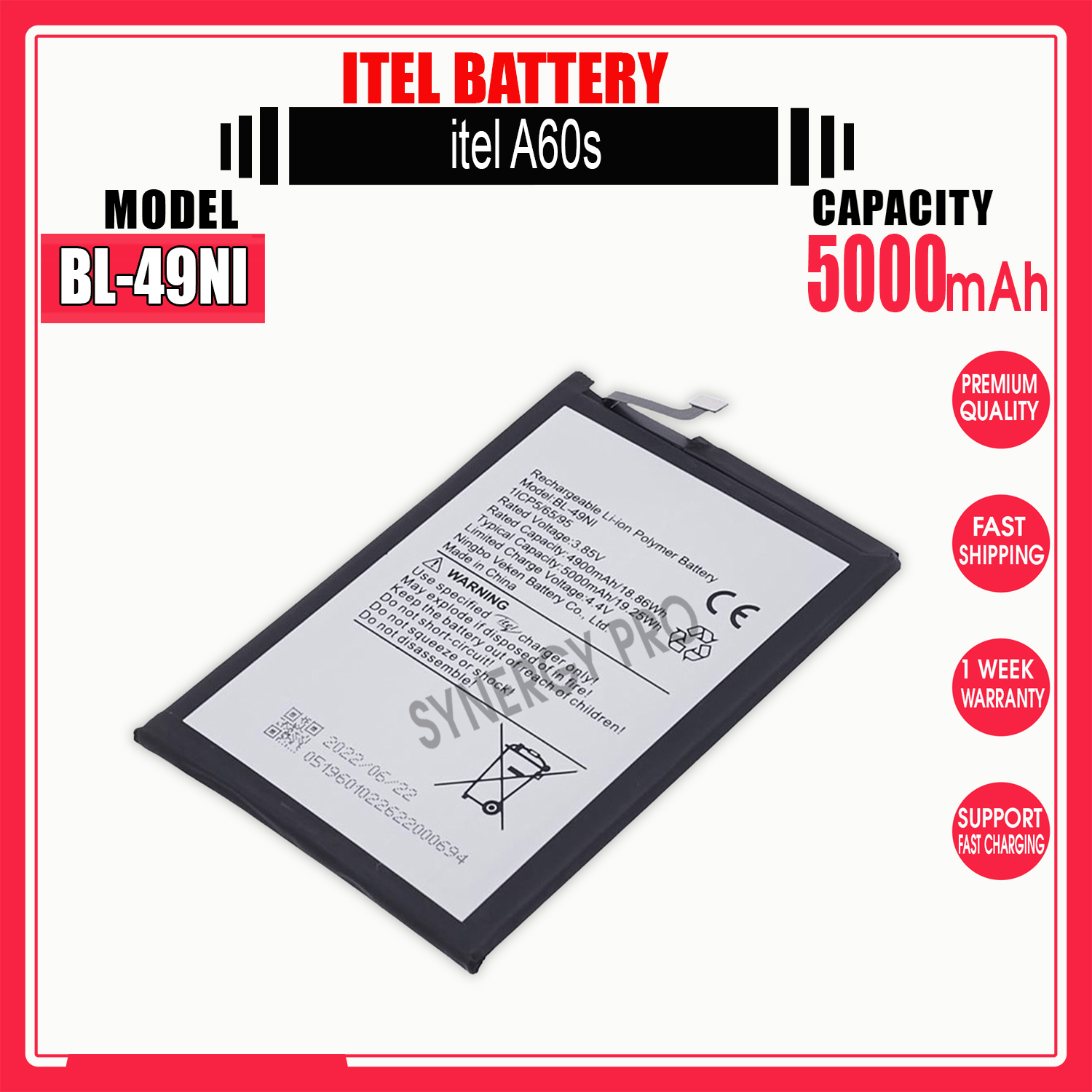 BL-49NI BATTERY FOR ITEL A60S BATTERY MODEL BL-49NI 5000MAH CAPACITY ...