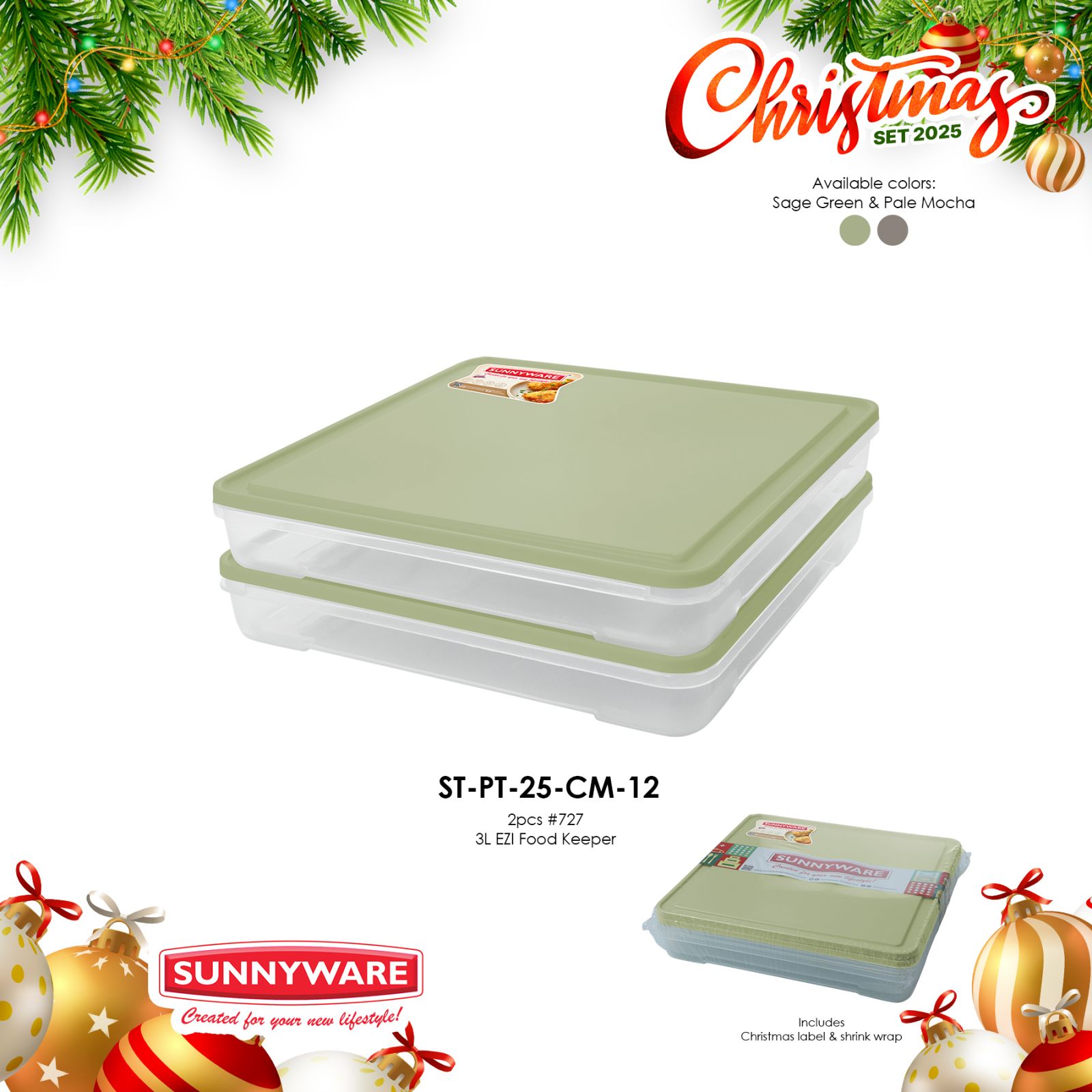 Sunnyware 2025 Christmas Set 12 (2 x 727) 3L EZI Rectangle Food Saver ...