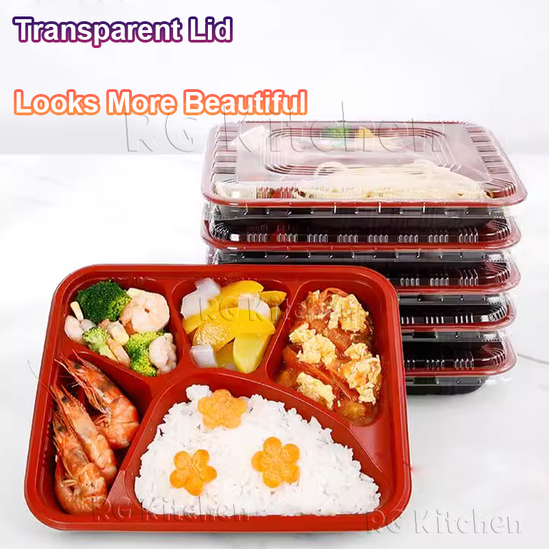 100PCS Upgraded Thick Red Yellow Bento Box With Lid 1/2/3/4/5 Grid ...