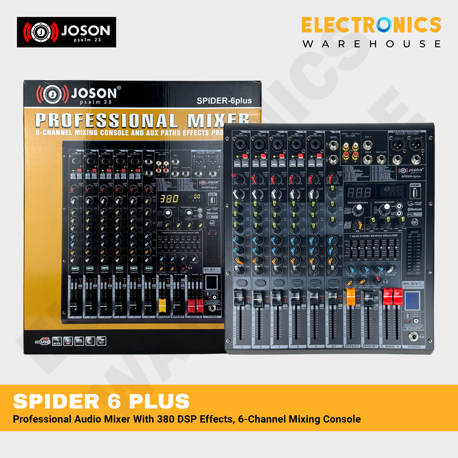 Joson Spider 6 Plus Professional Audio Mixer With 380 DSP Effects, 6 ...