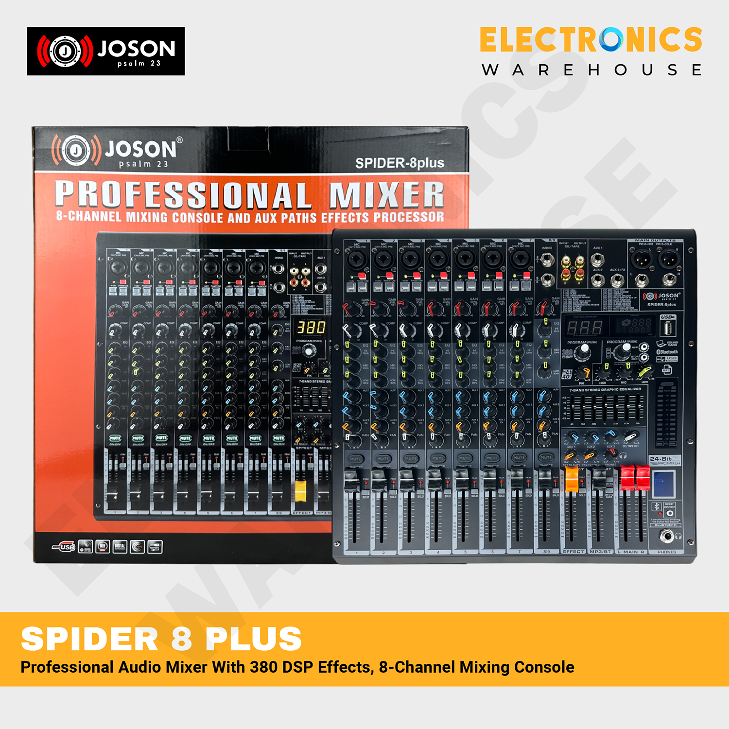 Joson Spider 8 Plus Professional Audio Mixer With 380 DSP Effects, 8 ...