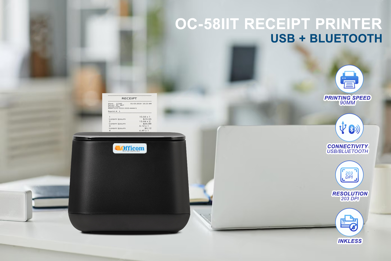 Officom Receipt Printer 58mm USB Bluetooth OC-58IIT Mini Thermal Direct ...