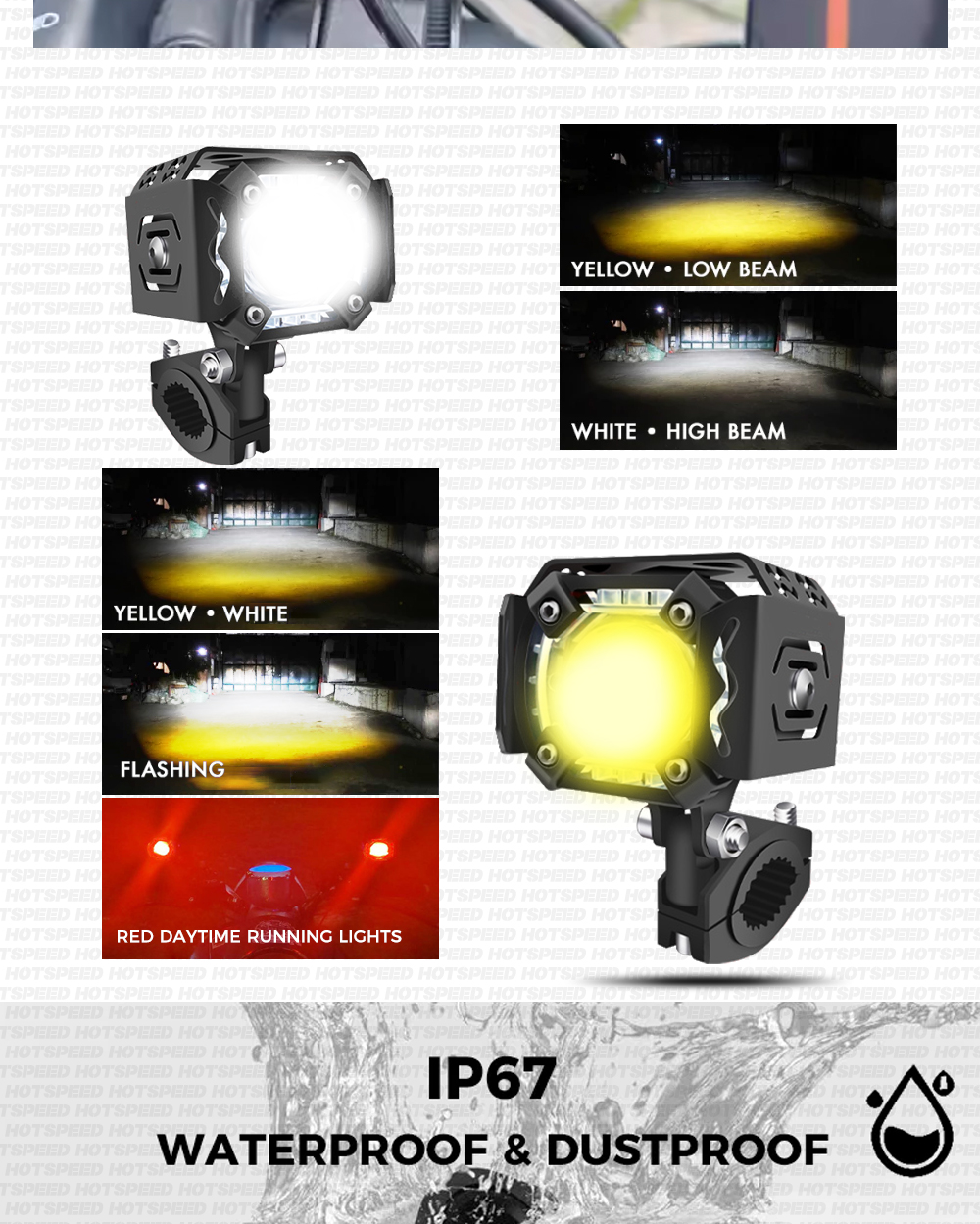 HOTSPEED Mini Driving Light Motorcycle 4 Modes With Bracket MDL Headlight Alloy Holder LED Fog ...