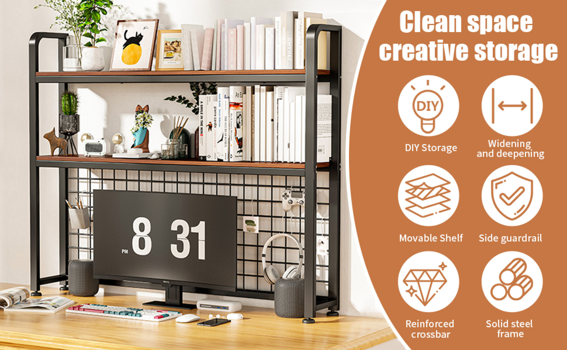 LKAW Desktop Rack Two-tier Desktop Storage Rack With Hanging Net Office ...