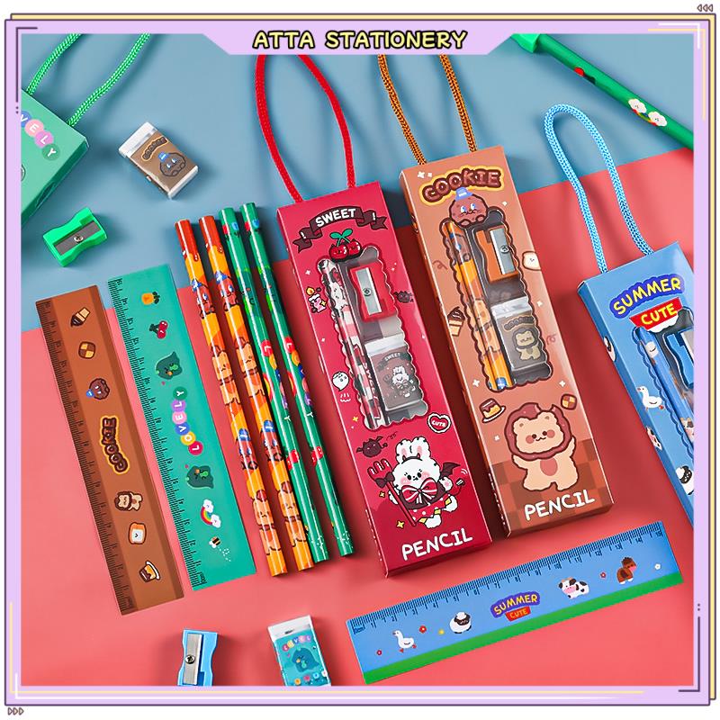 5PCS/Box Cartoon Pencil Box Set Pencil Eraser Sharpener Ruler Student ...