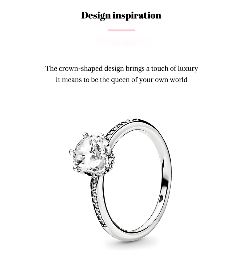 Pandora Transparent Shining Crown Single Stone Ring 925 Silver Couple's ...