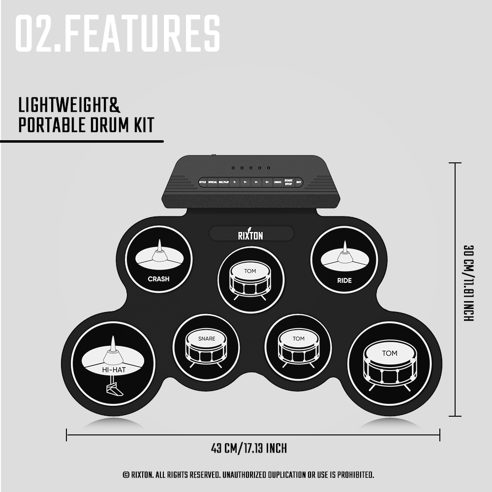 RIXTON Electric Digital Drum Set With Sustain Foot Pedal and Drumsticks ...