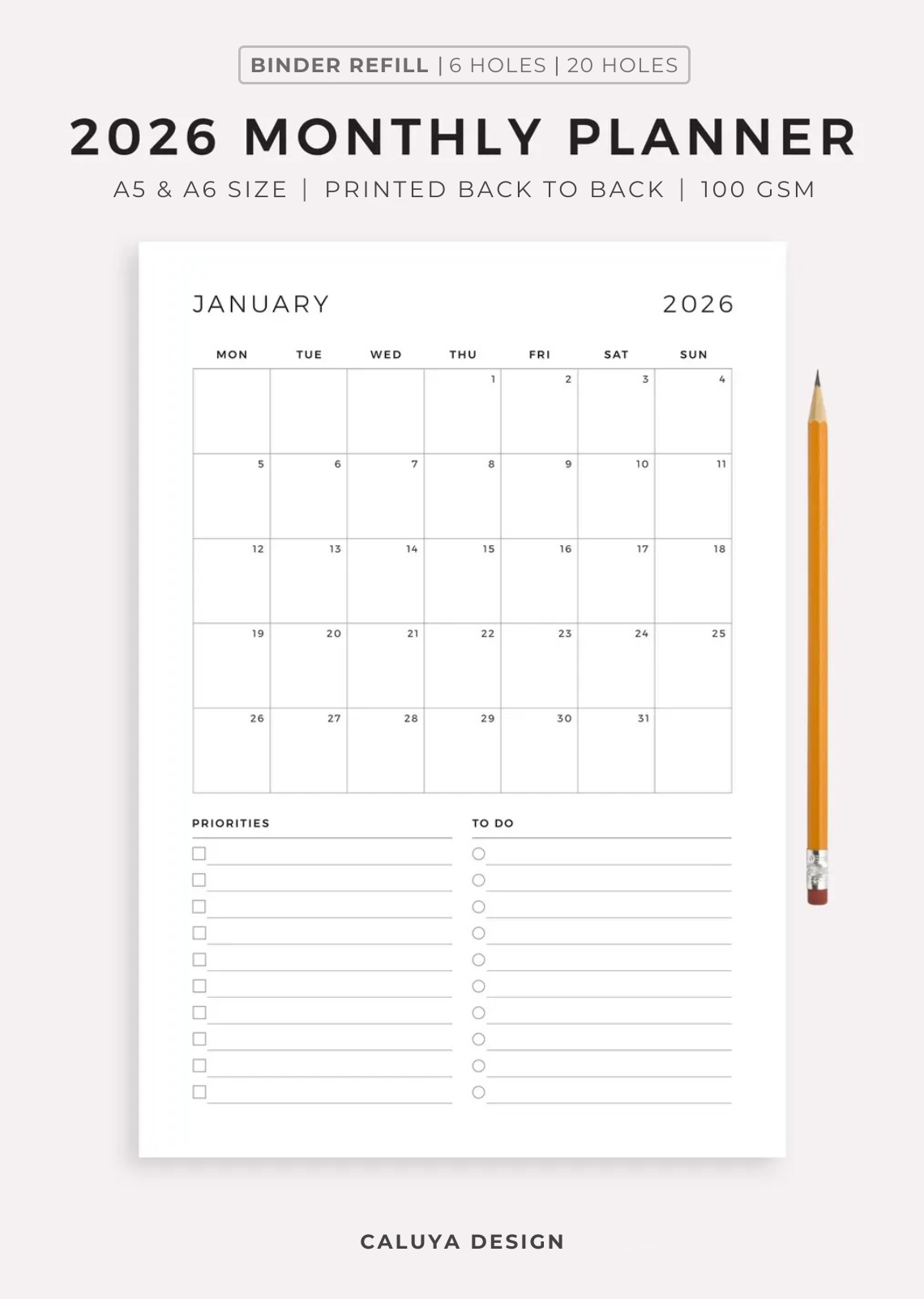 A5 A6 2026 Monthly Planner Binder Refill Loose Leaf Binder Inserts ...