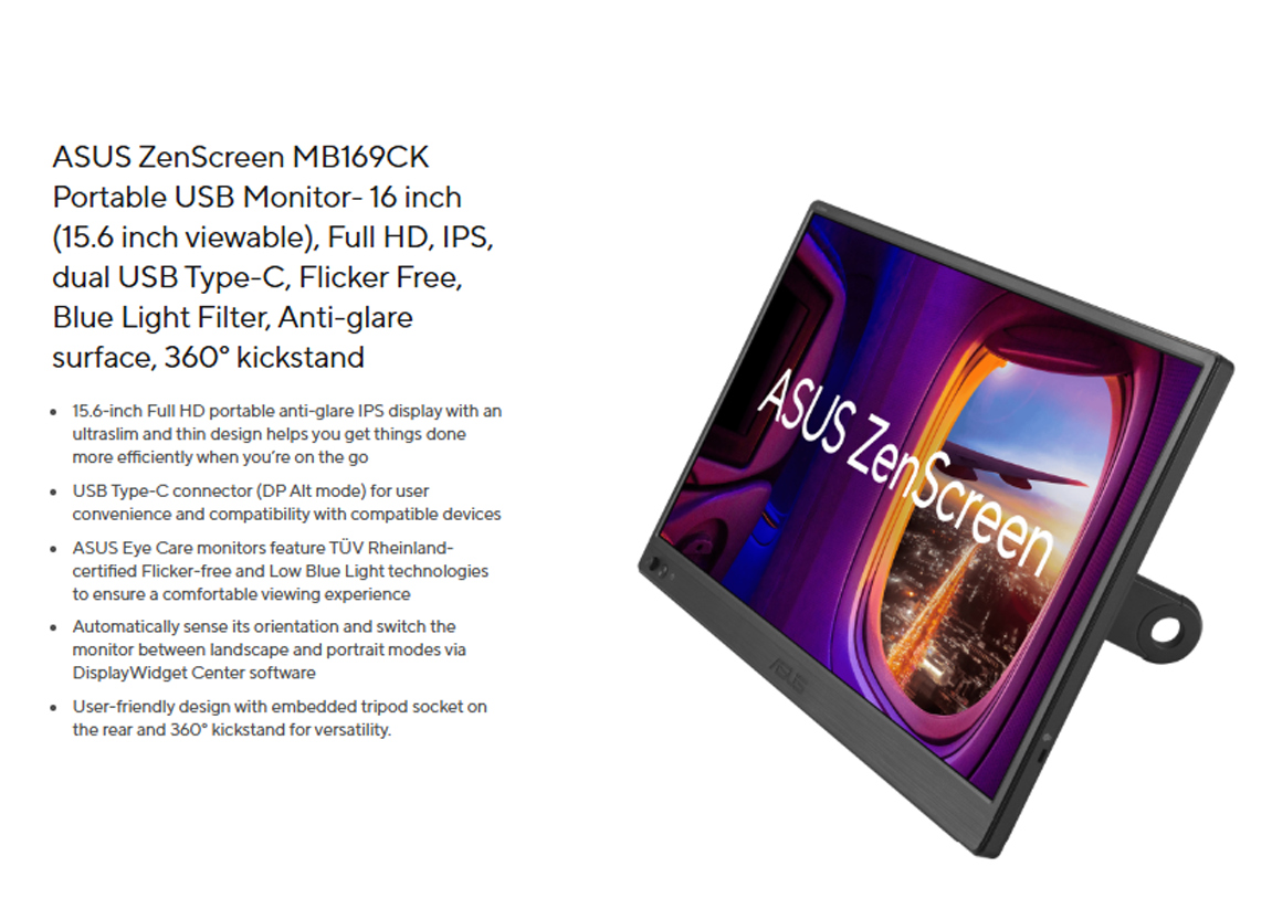 ASUS ZenScreen MB169CK Portable USB Monitor- 16 inch (15.6 inch ...