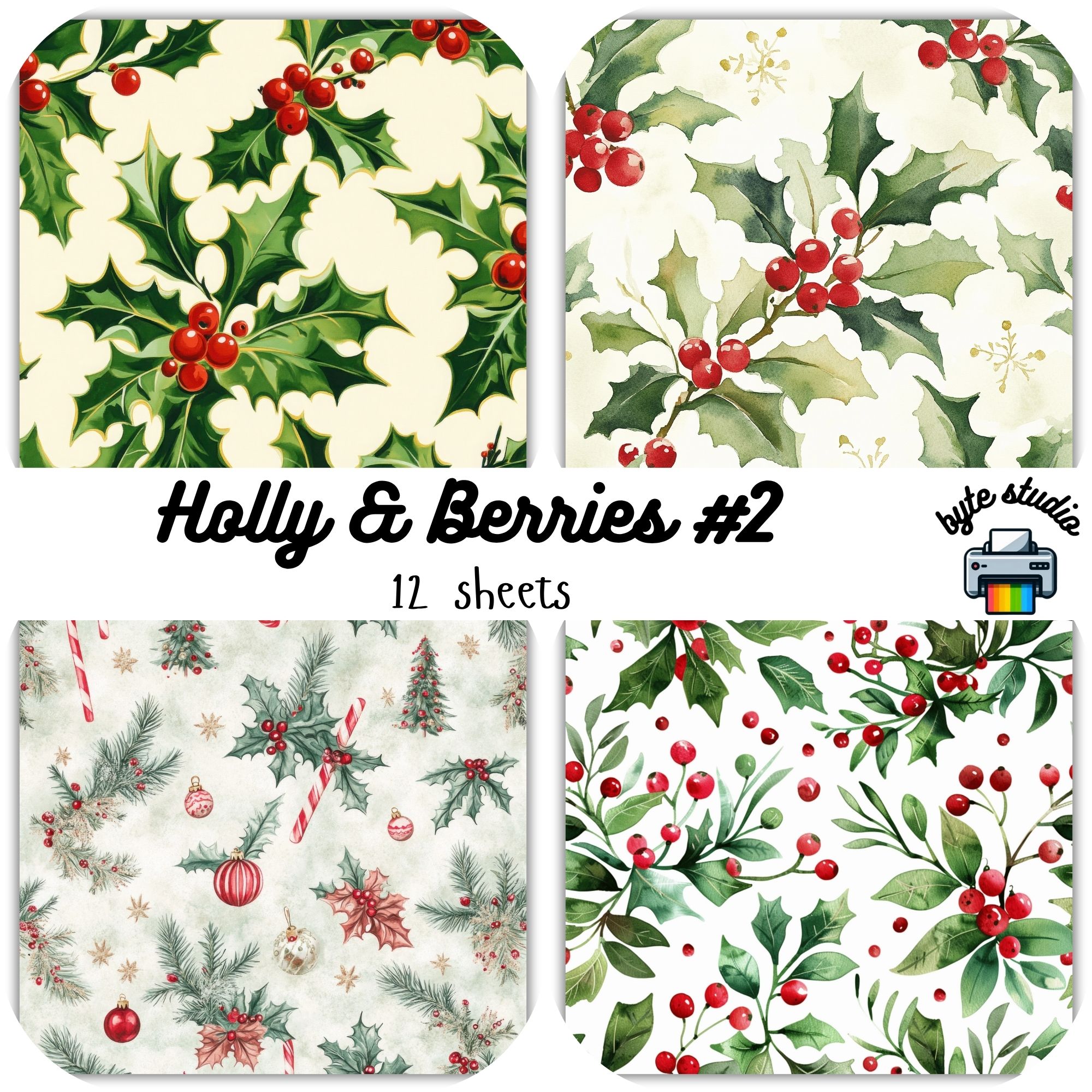 12 Sheets Holly & Berries #2 by byte studio | Cardstock Craft Paper ...