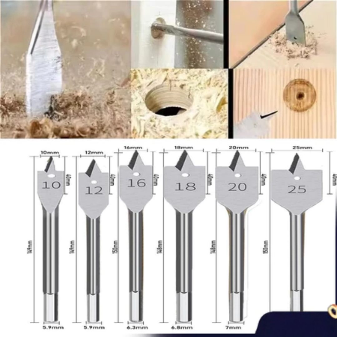 6pcs Wood Flat Drill Sets Paddle Flat Wood Boring Drill Bit Set Power ...