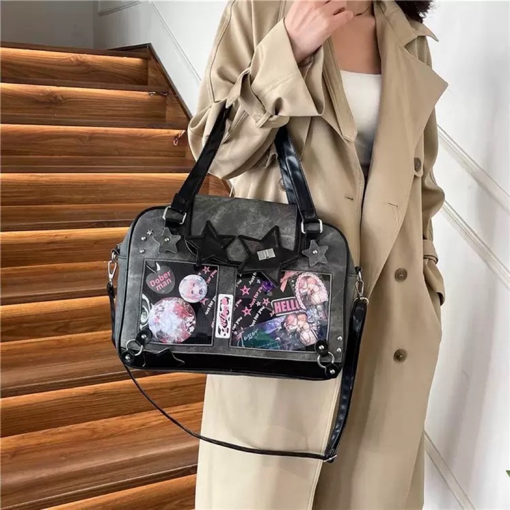 Double star Ita bag leather Y2K punk rock Japanese fashion Otaku Kpop ...