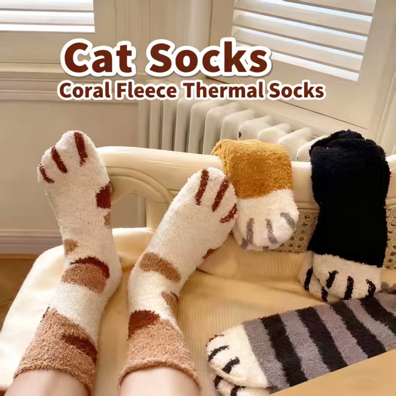 Cozy Cat Paw Coral Fleece Socks Thickened Thermal Sleep Socks for Cold ...