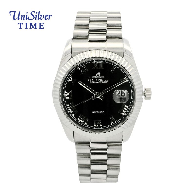 UniSilver TIME Mens Silver / Black Sapphire Glass Analog Stainless ...