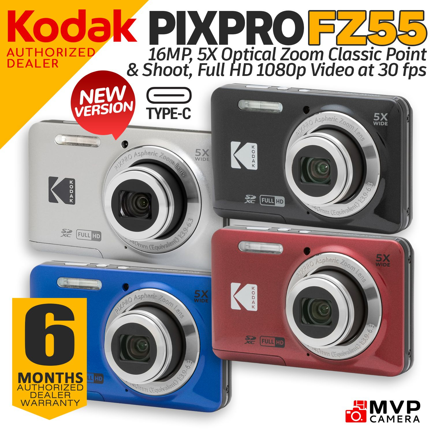 Super Sale! KODAK PIXPRO FZ55 Compact Digital NEW USB C 5x Optical Zoom ...