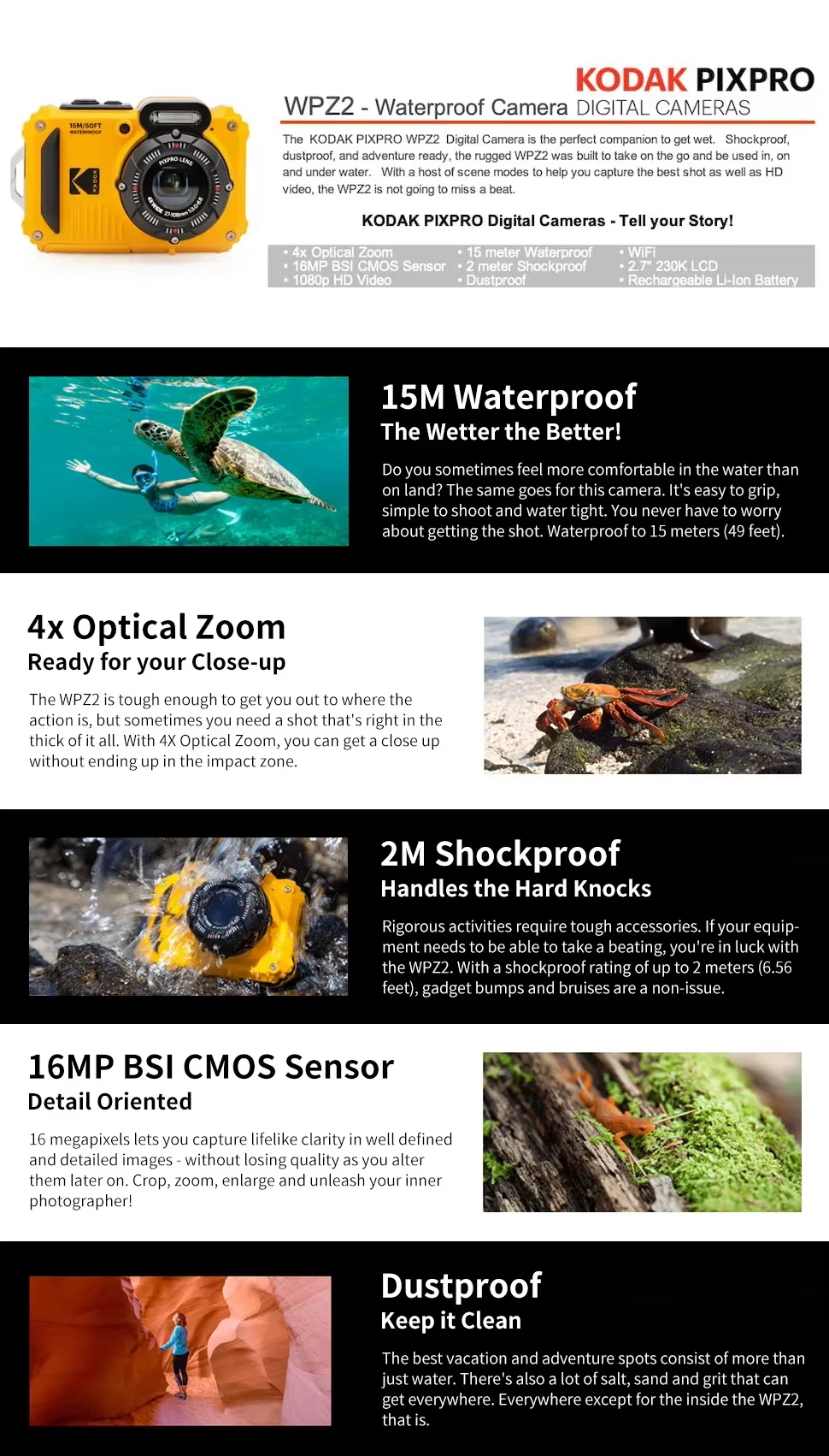 Kodak PIXPRO WPZ2 Rugged Waterproof 16MP Digital Camera with 4x Optical ...