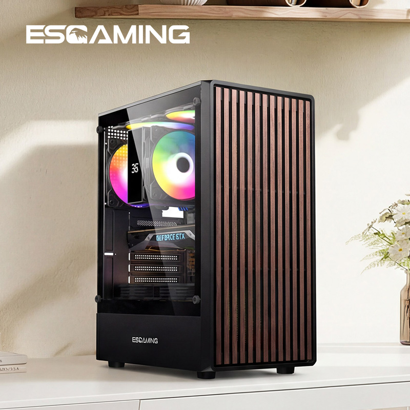 ESGAMING Wooden Grain Gaming Computer Case ATX M-ATX Chassis Mid Tower ...
