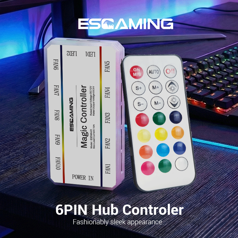 ESGAMING 6PIN CPU Fan RGB Controller Remote Control 10 Fan Ports Hub PC ...