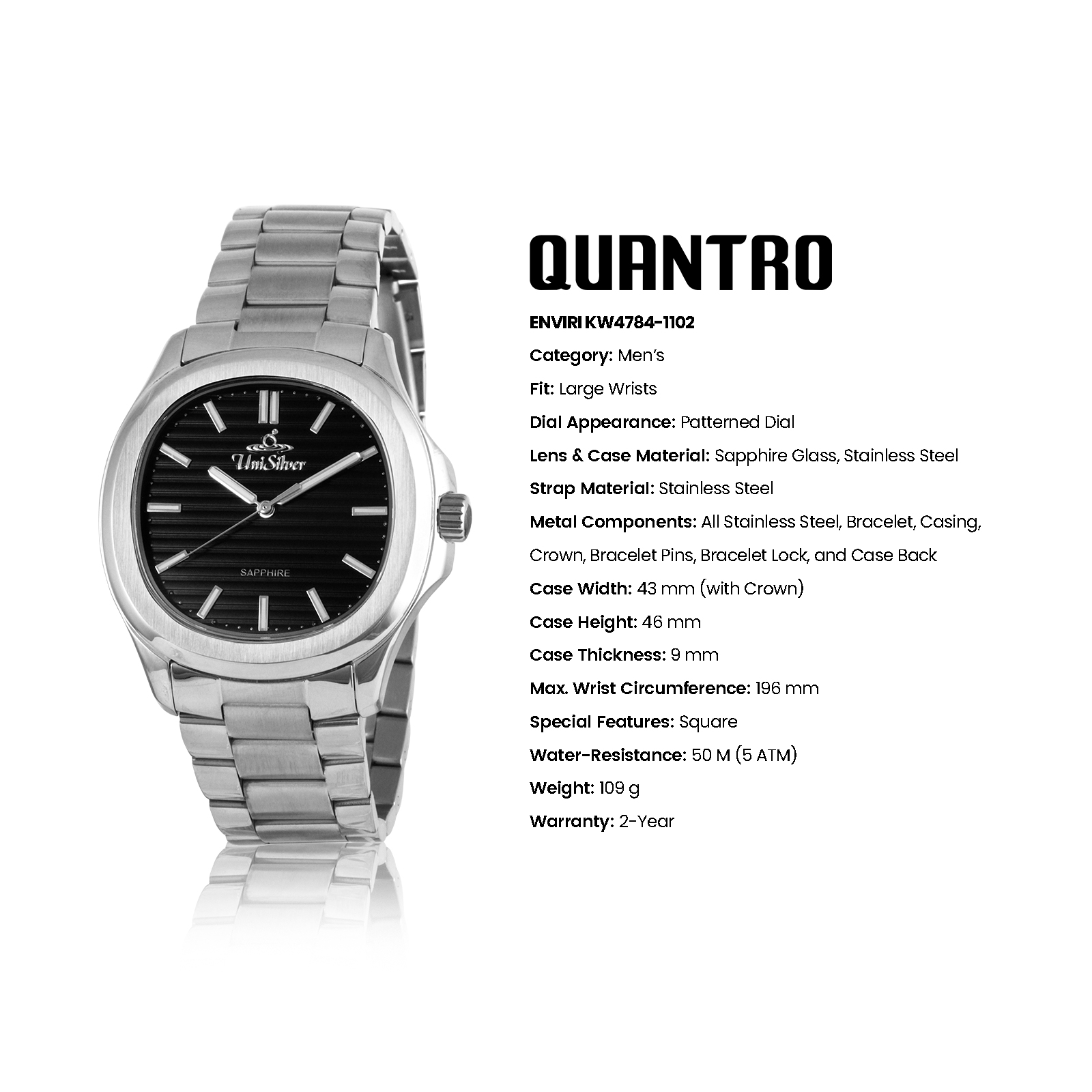 UniSilver TIME MEN'S/ Large QUANTRO ENVIRI Analog Black Silver ...
