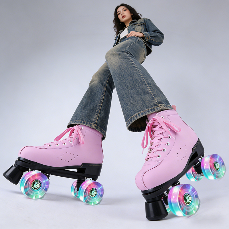 Universal Leather Roller Skates For Adult Kids 4 Wheel PU Flash Wheel ...