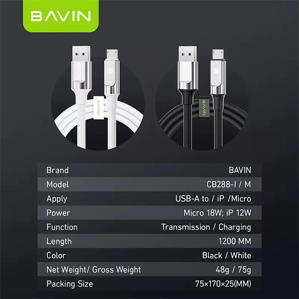 BAVIN CB288 18W PD Fast Charging Soft Silicone Thick Wire Data Cable ...