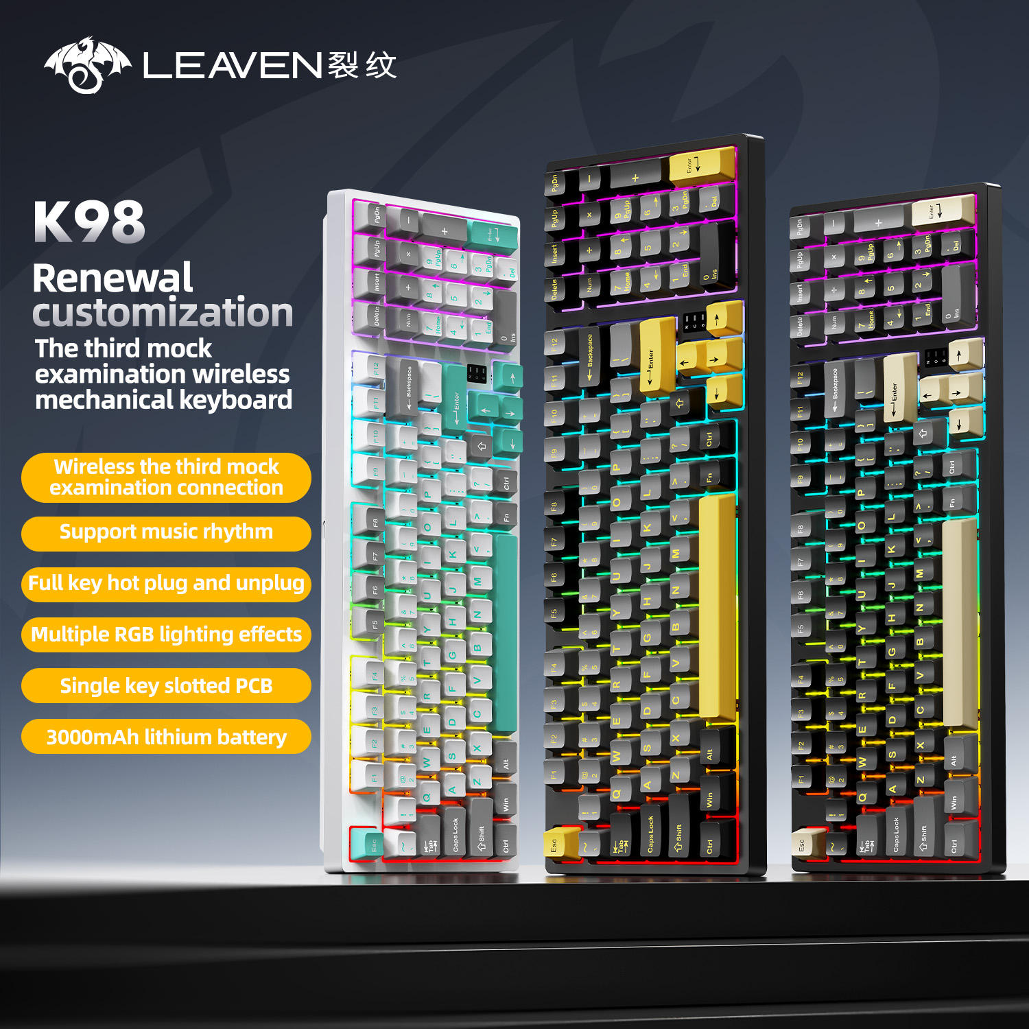 Leaven K98 97 Keys DIY Customized Game RGB Keyboard Three Mode Real Mechanical Cyan Axis Full ...
