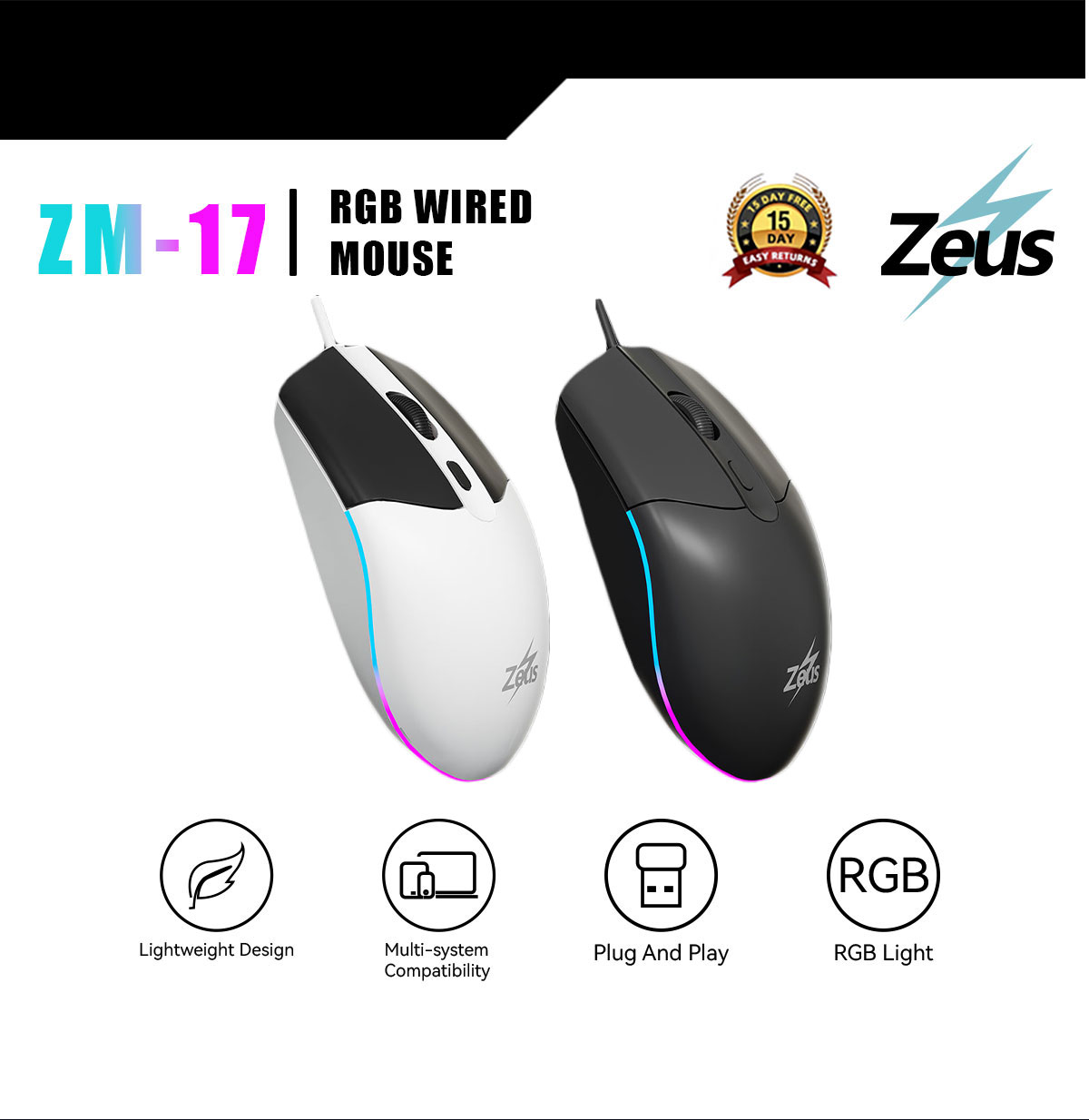 Zeus ZM-17 RGB Wired Gaming Mouse 3 Adjustable DPI (800/1200/1600 ...