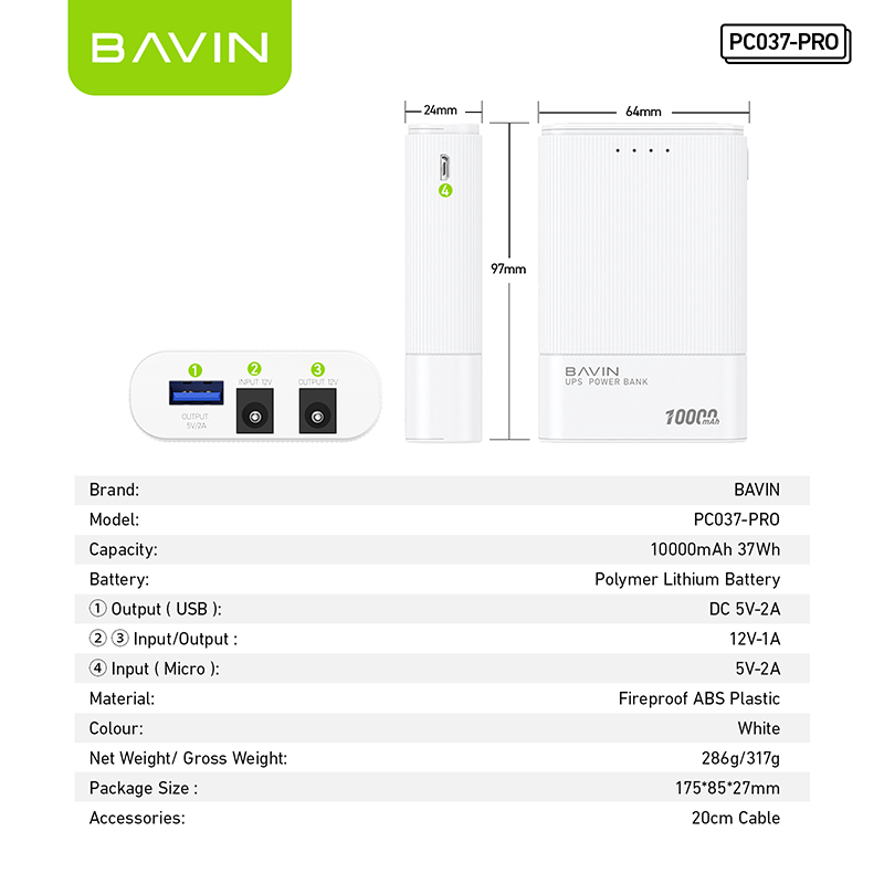BAVIN PC037P 10000mAh Powerbank Micro &Type-C Input w/ UPS Power Supply ...