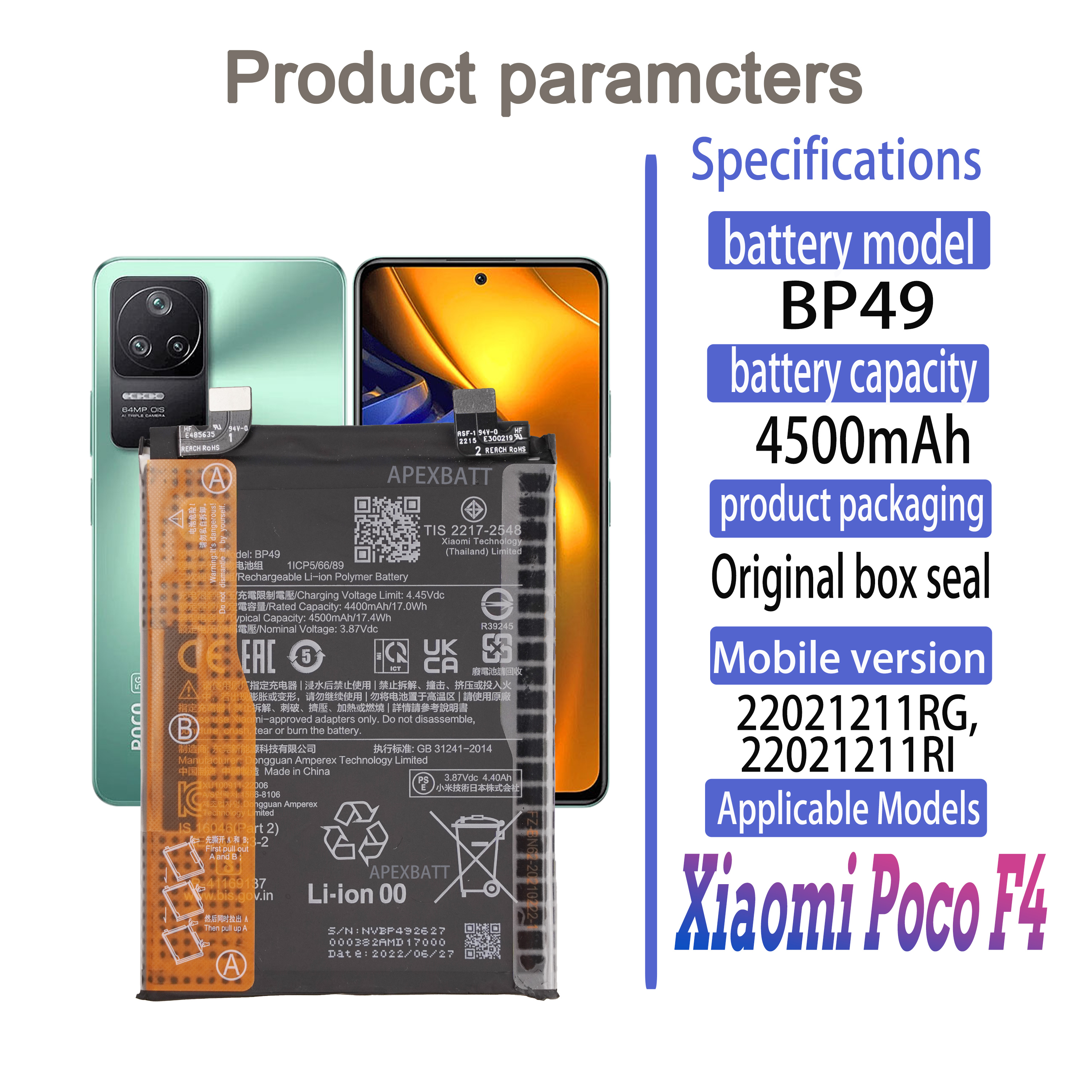 APEXBATT New BP49 Battery for Xiaomi Poco F4 22021211RG, 22021211RI ...